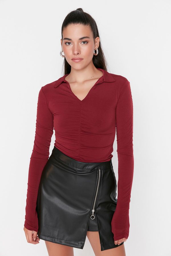 TRENDYOL CLARET RED SLIM GATHERED POLO NECK FLEXIBLE KNITTED BLOUSE