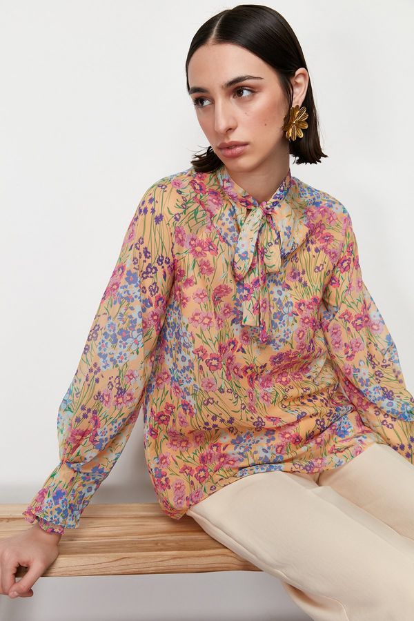 TRENDYOL YELLOW LINED CHIFFON PATTERNED WOVEN TUNIC