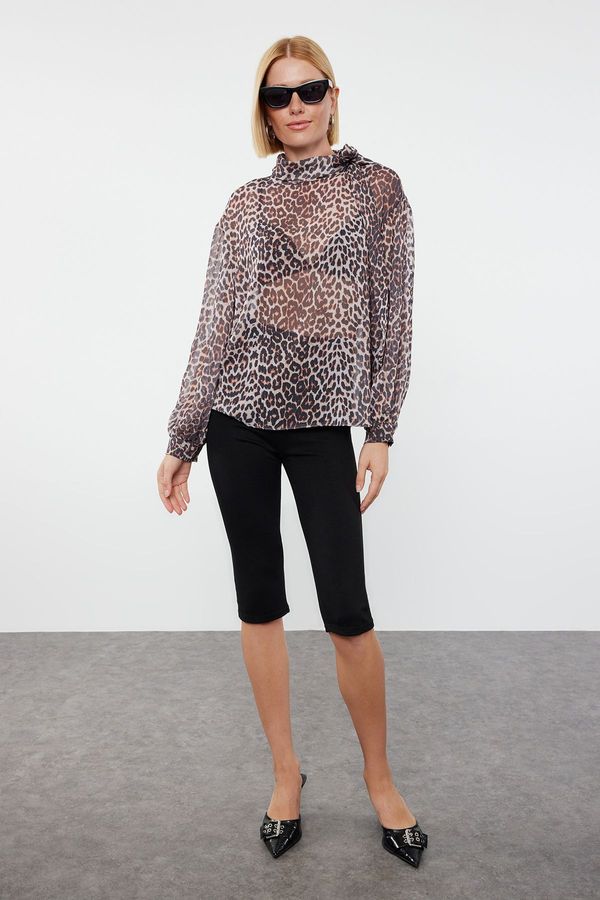 TRENDYOL BROWN LEOPARD PATTERNED CHIFFON HIGH COLLAR WOVEN BLOUSE
