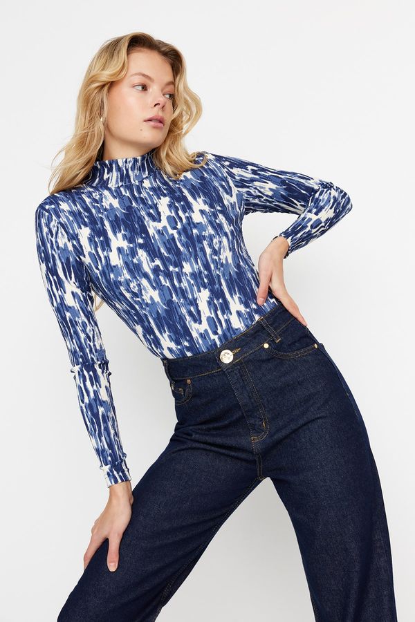 TRENDYOL NAVY BLUE PRINTED FITTED HIGH NECK LONG SLEEVE SWEATER/TEXTURED KNITTED BLOUSE