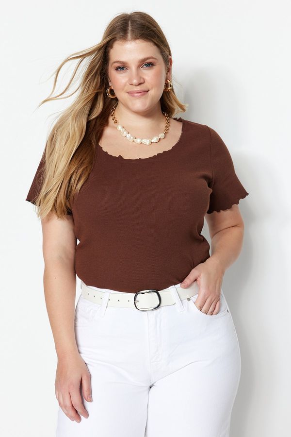 TRENDYOL CURVE BROWN RIBBED U NECK KNITTED T-SHIRT