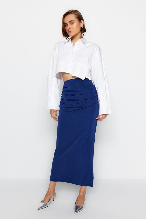 TRENDYOL NAVY BLUE PREMIUM WITH A GLOSSY FINISH AND SOFT TEXTURED DRAPING MAXI KNITTED SKIRT