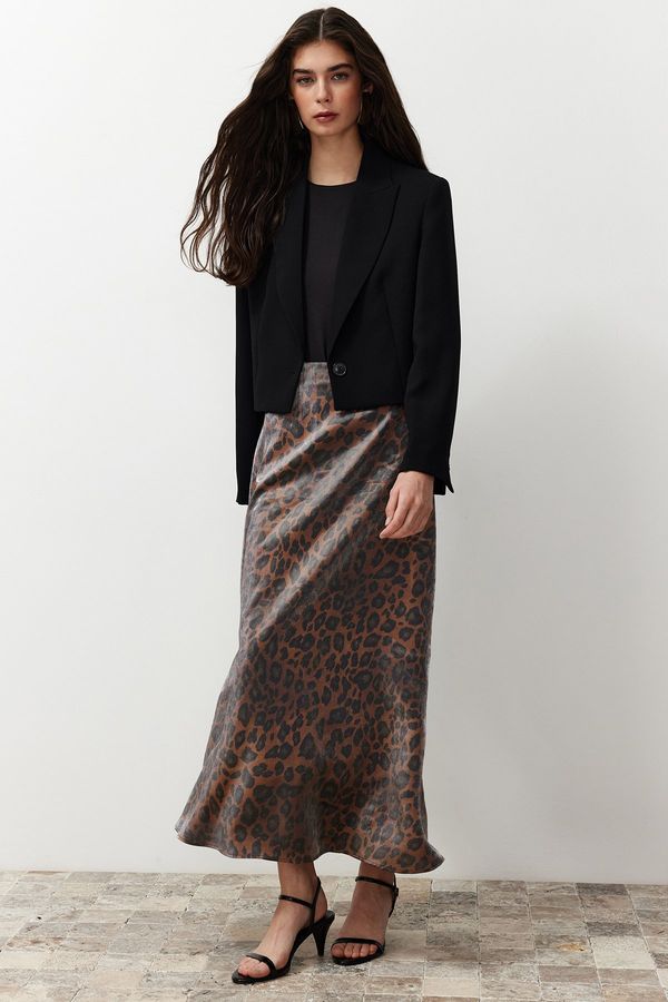TRENDYOL BROWN LEOPARD PATTERNED SATIN WOVEN SKIRT