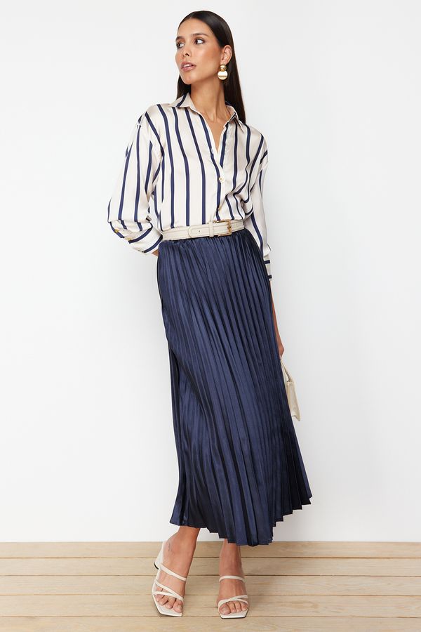 TRENDYOL NAVY BLUE PLEATED SATIN FABRIC MAXI LENGTH WOVEN SKIRT