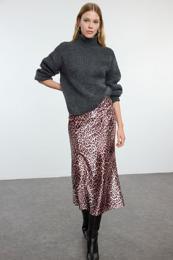 TRENDYOL BROWN LEOPARD PATTERNED SATIN MAXI KNIT SKIRT
