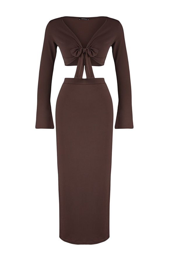 TRENDYOL DARK BROWN TIE DETAILED SUPER CROP AND MIDI FLEXIBLE KNITTED BOTTOM-TOP SET