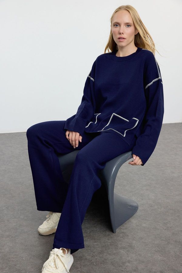 TRENDYOL NAVY BLUE PIPING DETAILED KNITWEAR TOP-BOTTOM SET