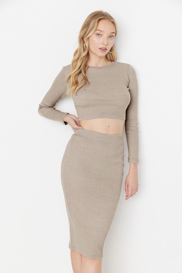 TRENDYOL STONE CROP CREW NECK RIBBED FLEXIBLE KNITTED TWO PIECE SET