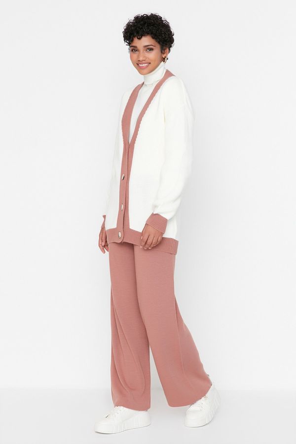 TRENDYOL DRIED ROSE STRIPE DETAILED CARDIGAN-PANTS KNITWEAR SET