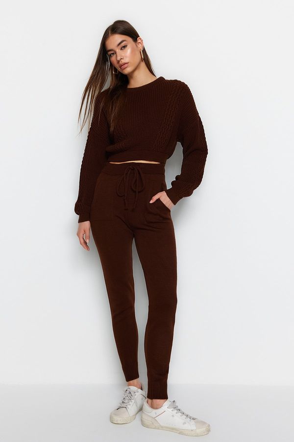 TRENDYOL BROWN CROP CREW NECK KNITWEAR BOTTOM-TOP SET