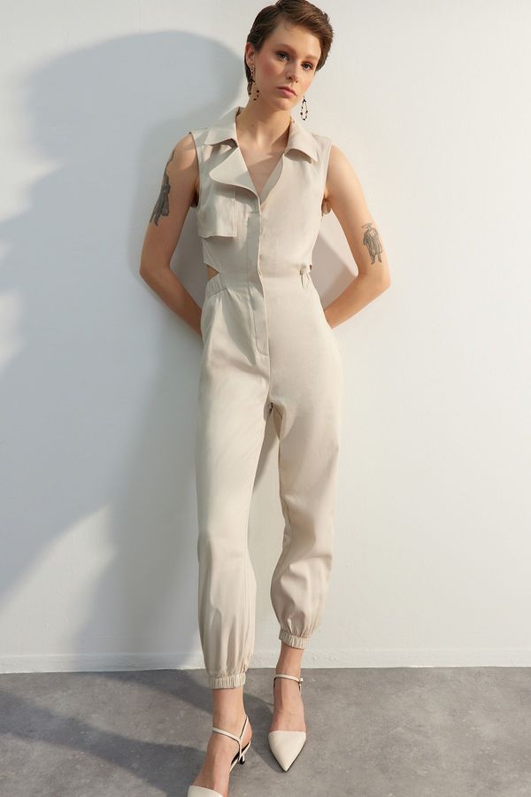 TRENDYOL LIMITED EDITION STONE WINDOW DETAILED MAXI WOVEN JUMPSUIT