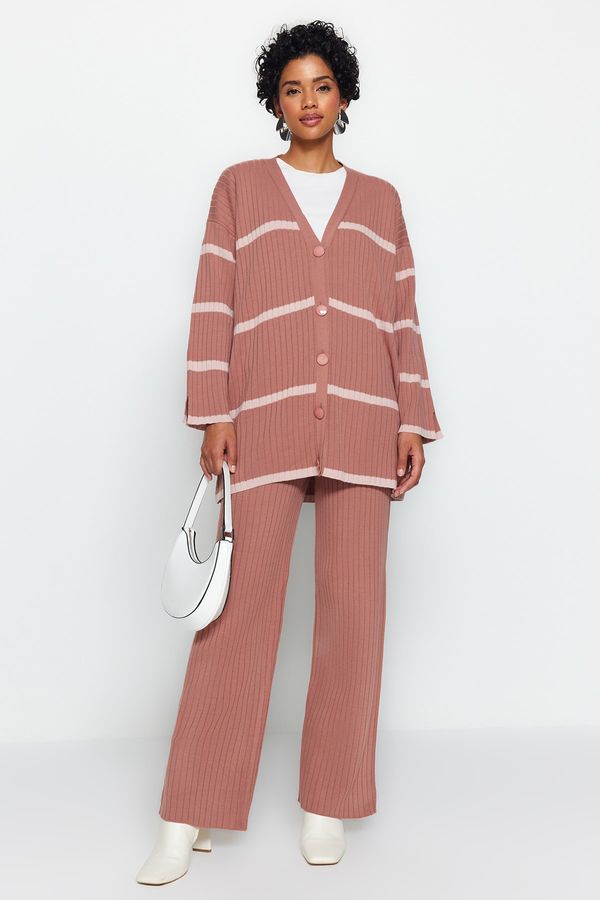 TRENDYOL PALE PINK ROVING KNIT KNITWEAR CARDIGAN-TROUSERS BOTTOM-TOP SET