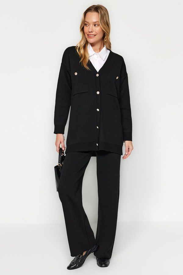 TRENDYOL BLACK BUTTONED CARDIGAN-PANTS KNITWEAR TWO PIECE SET