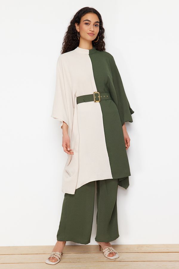 TRENDYOL KHAKI COLOR BLOCK WAIST BELTED TUNIC-PANTS WOVEN SUIT
