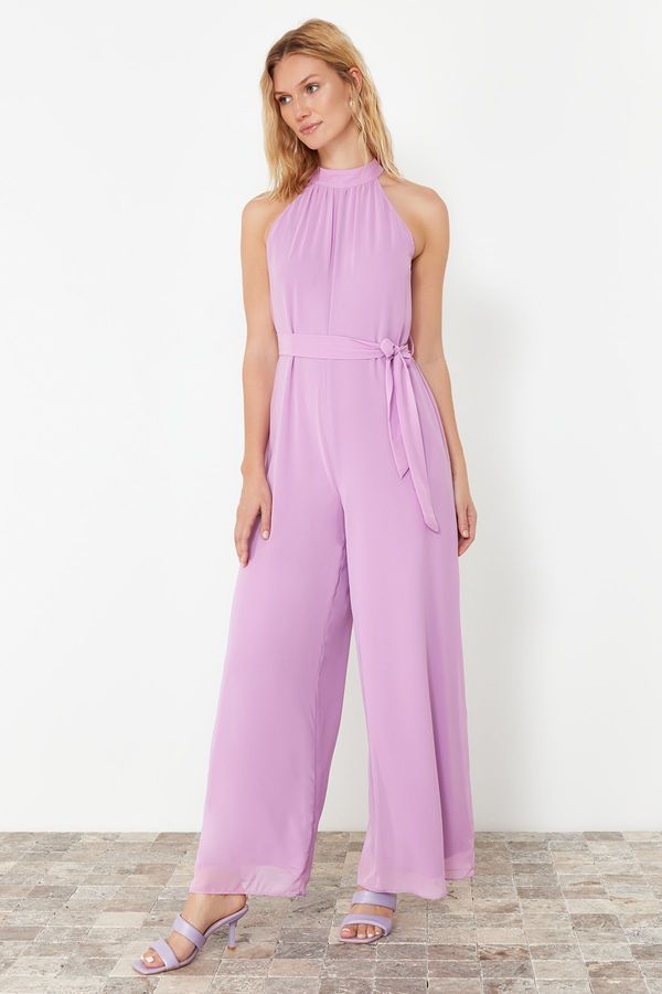 TRENDYOL LILAC BELTED MAXI CHIFFON LINED WOVEN JUMPSUIT