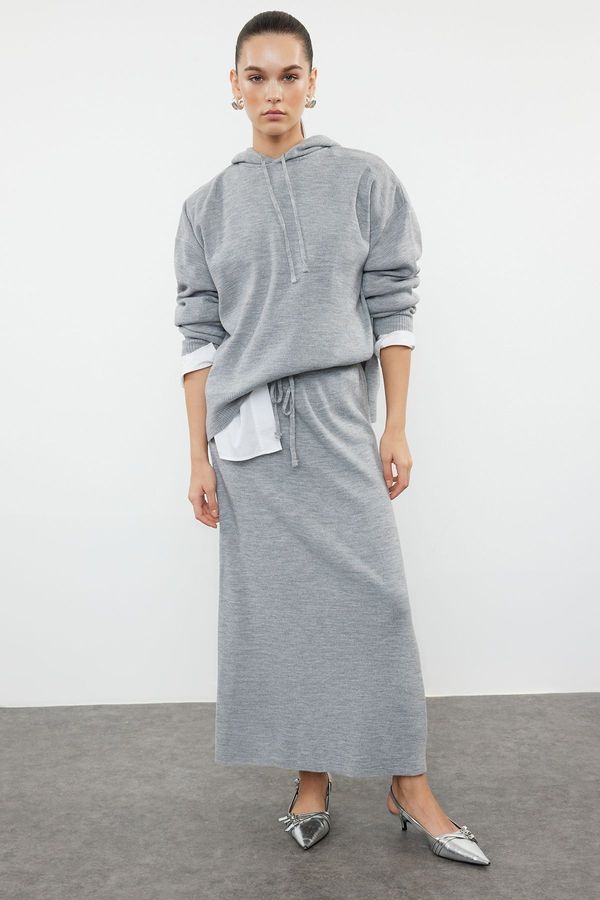 TRENDYOL GRAY HOODED SKIRTED KNITWEAR TOP-BOTTOM SET
