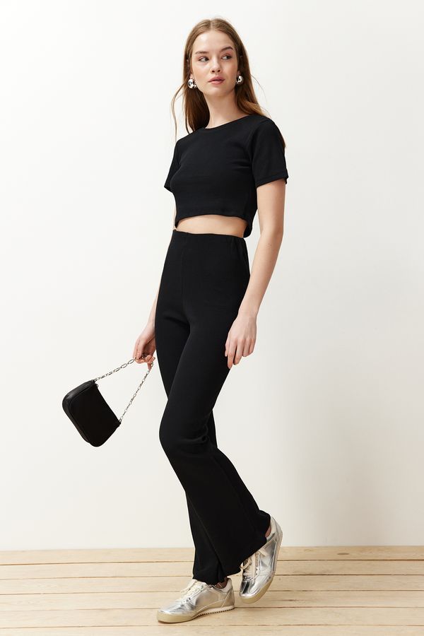 TRENDYOL BLACK CROP CREW NECK RIBBED STRETCHY KNITTED BLOUSE AND PANTS TOP AND BOTTOM SET