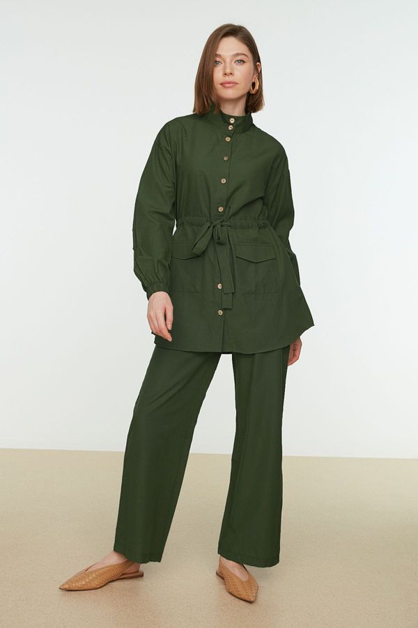 TRENDYOL KHAKI HIGH NECK BELTED SHIRT-PANTS WOVEN SUIT