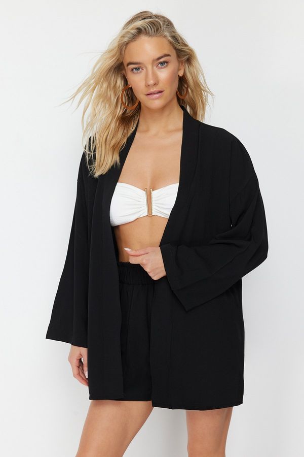 TRENDYOL BLACK WOVEN KIMONO SHORTS SET