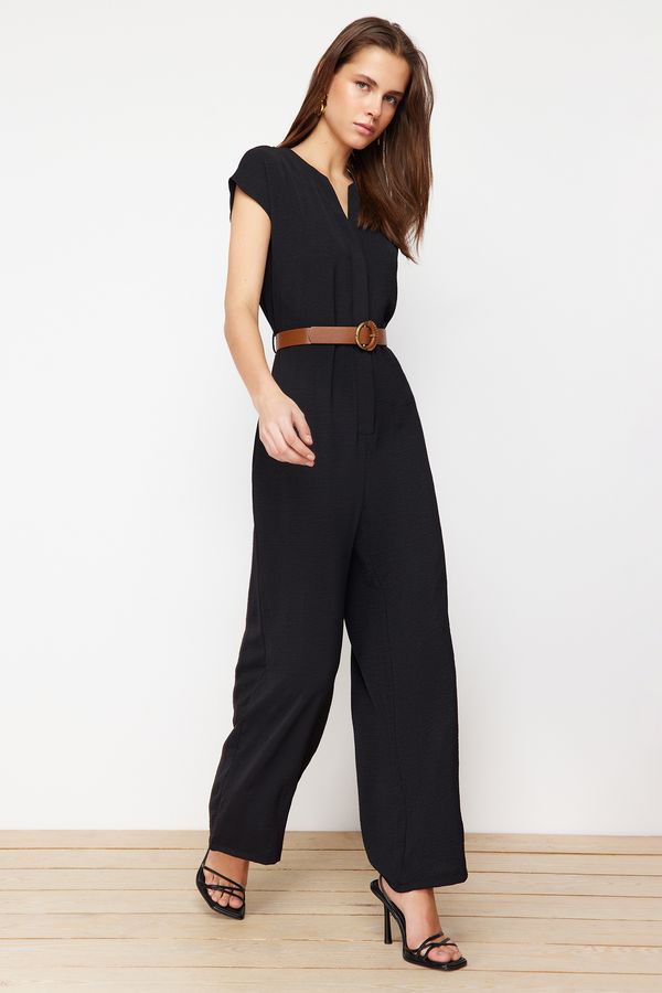 TRENDYOL BLACK BELTED DOUBLE BREASTED COLLAR SLEEVELESS MAXI WOVEN JUMPSUIT