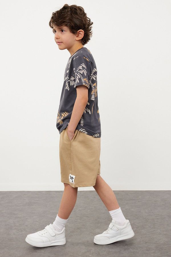 TRENDYOL BOY ANTHRACITE PALM PATTERNED T-SHIRT-SHORTS COTTON KNITTED BOTTOM-TOP SET