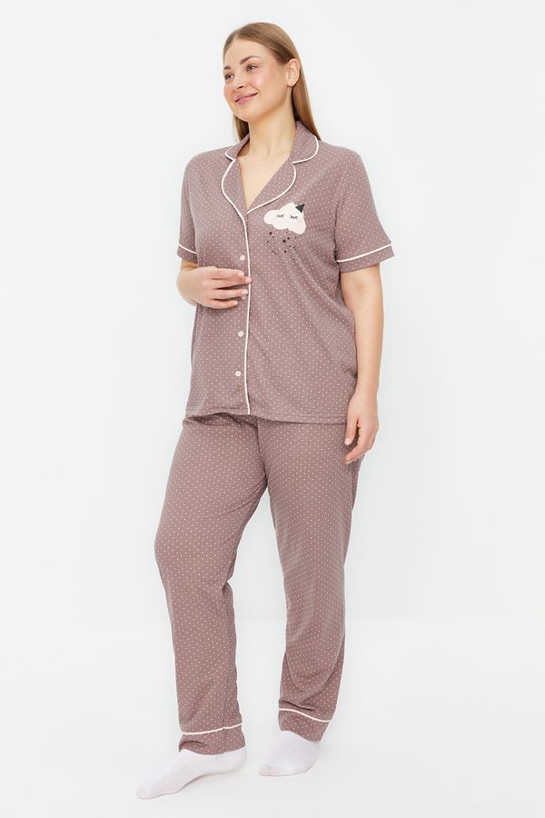 TRENDYOL CURVE MINK POLKA DOT PATTERNED SHIRT COLLAR KNITTED PAJAMAS SET