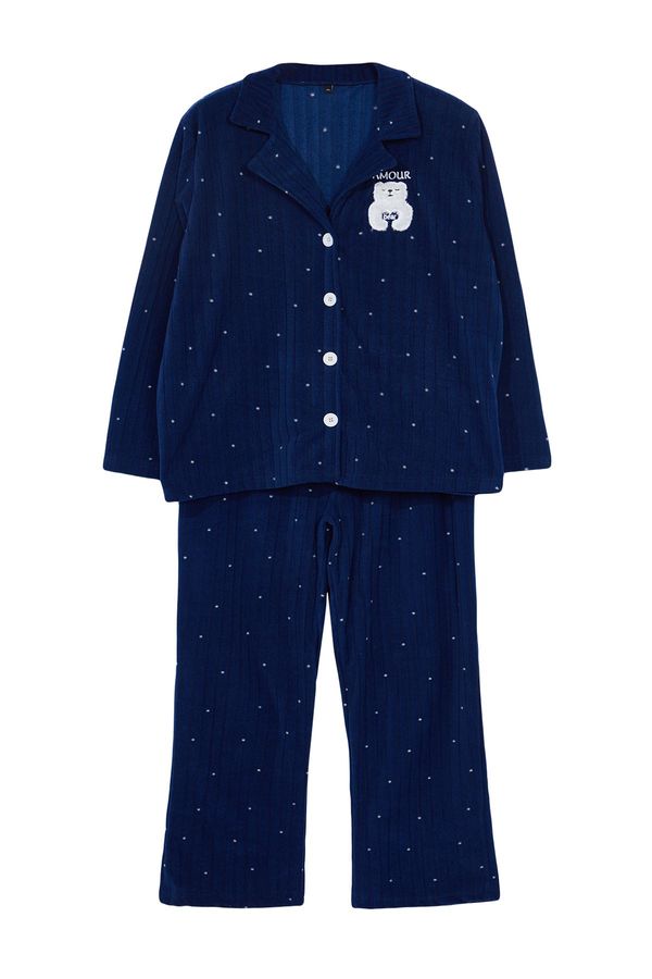 TRENDYOL CURVE NAVY BLUE POLKA DOT SHIRT COLLAR KNITTED PAJAMA SET