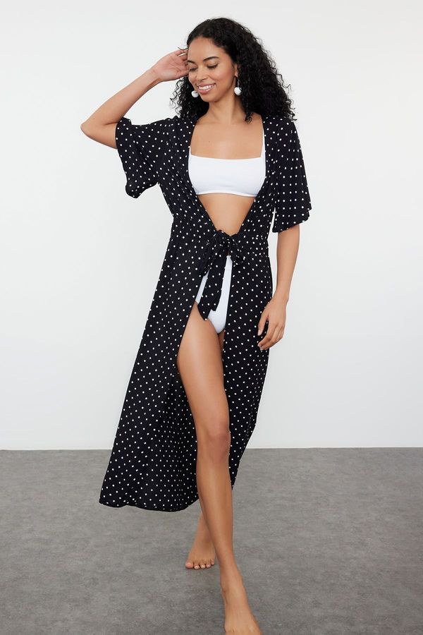 TRENDYOL POLKA DOT BELTED MAXI WOVEN TIE-UP KIMONO&KAFTAN
