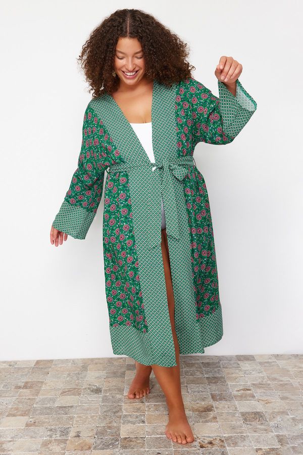 TRENDYOL CURVE GREEN ETHNIC PATTERNED BELTED MAXI LENGTH BEACH WEARWOVEN KIMONO & KAFTAN