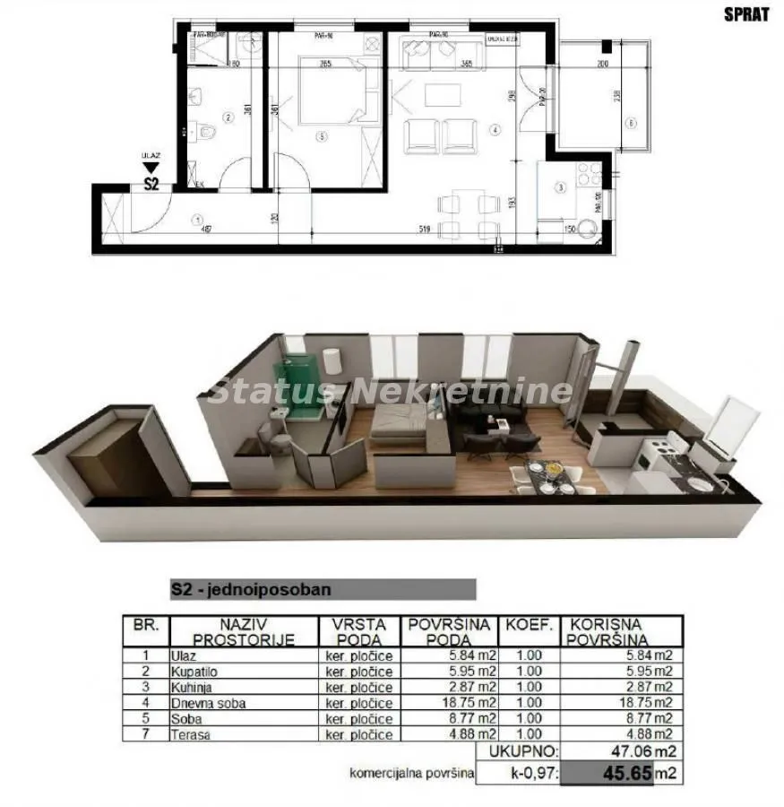 Prodaja, jednosoban stan, 46m2, Adice, Novi Sad, Novi Sad