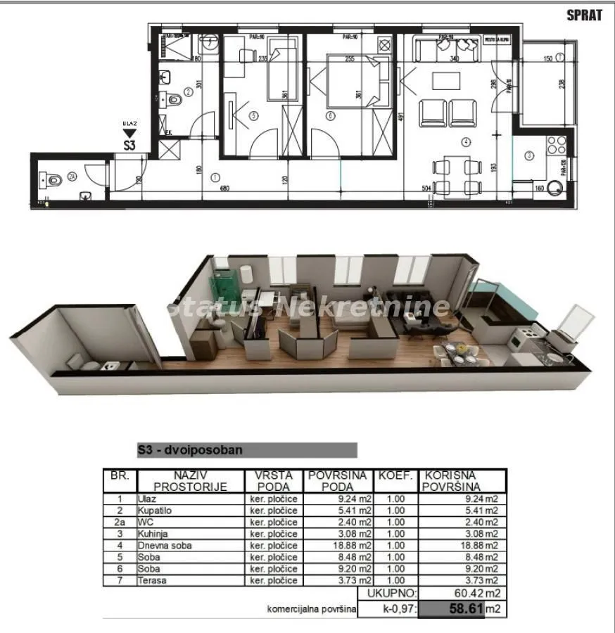 Prodaja, dvosoban stan, 59m2, Adice, Novi Sad, Novi Sad