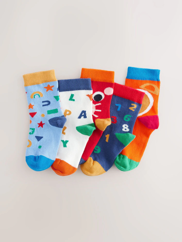 Blue/Ecru/Red Nursery Alphabet Print Cotton Rich Socks 5 Pack