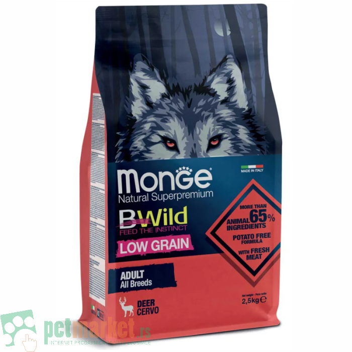 Monge Bwild: Hrana za odrasle pse Adult Low Grain, Jelen