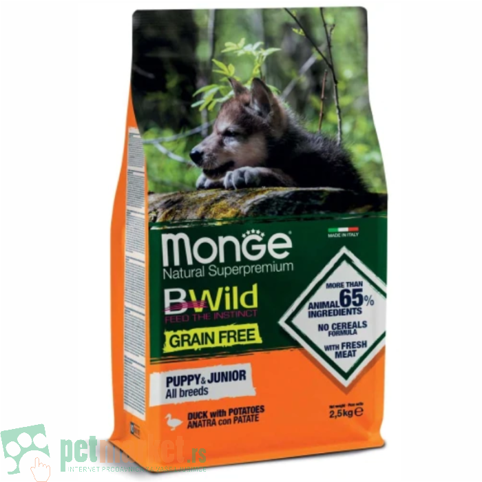 Monge Bwild: Hrana za štence Puppy Grain Free, Pačetina