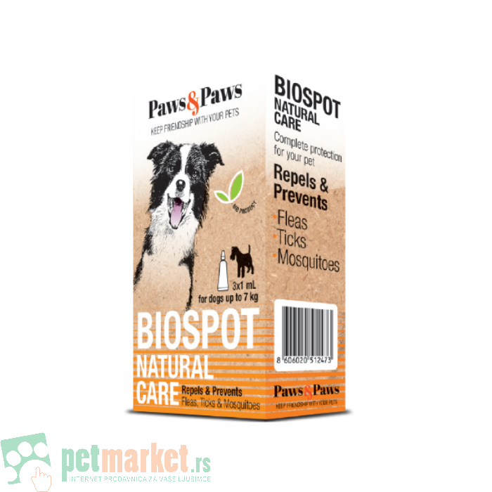 Paws and Paws: Prirodno sredstvo protiv parazita za pse do 7 kg Biospot On, 3x1ml