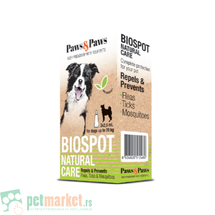 Paws and Paws: Prirodno sredstvo protiv parazita za pse do 7-20 kg Biospot On, 3x2.5 ml