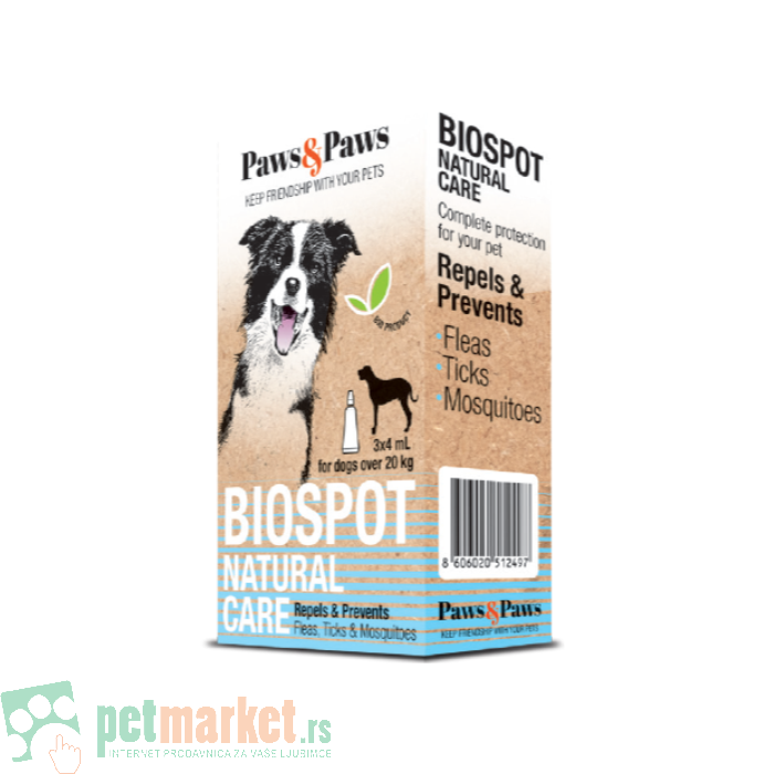 Paws and Paws: Prirodno sredstvo protiv parazita za pse preko 20 kg Biospot On, 3x4 ml