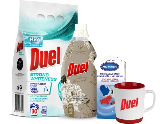 Duel Deterdžent Strong Whiteness 2.7kg + omekšivač Like a diamond 1.6l + šolja i mrežica