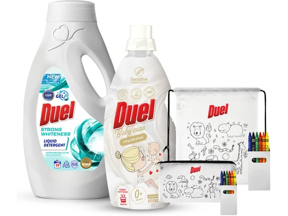 Duel Tečni deterdžent Strong Whiteness 855ml + Omekšivač Baby care 800ml + Ranac i Pernica