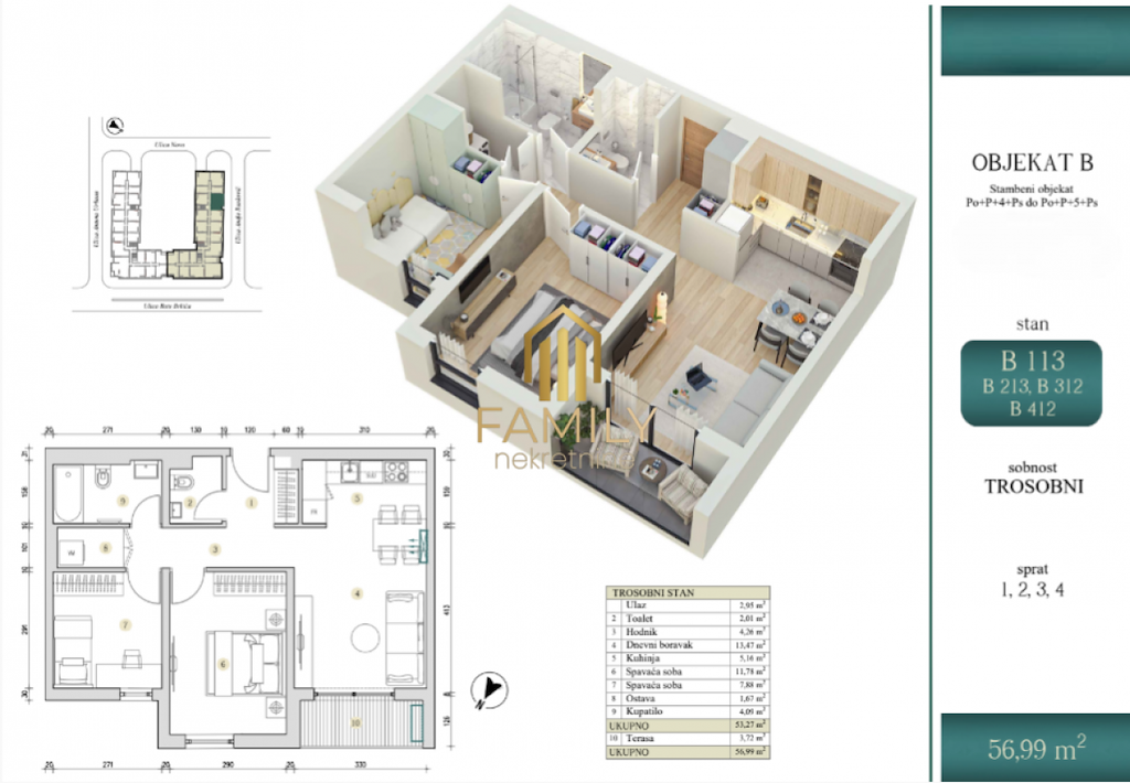 Trosoban stan 57m² na Novom Naselju – Terasa, 2. sprat, pored Satelitske pijace