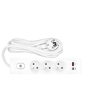 Power strip Pin 3-way, Shut/Switch, USB A+C PD, 2m cable, w
safety shutter, On-/Off-Switch, USB Fast Charger A+C (PD 20W), white