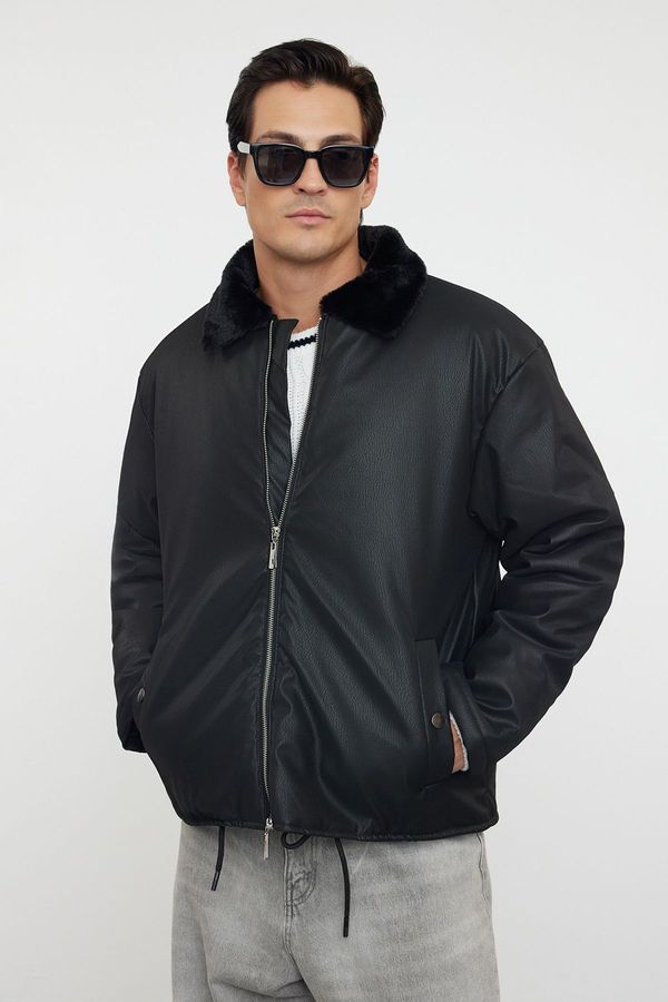 TRENDYOL BLACK REGULAR FIT FUR COLLAR WINTER FAUX LEATHER COAT