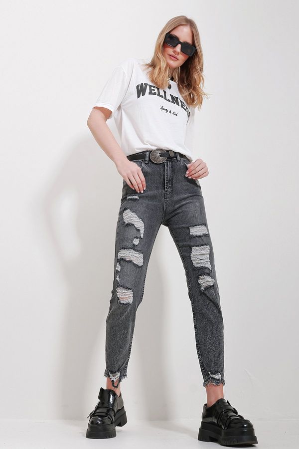 TREND ALAÇATI STILI WOMEN'S ANTHRACITE WASHED TUMBLED MOM JEANS