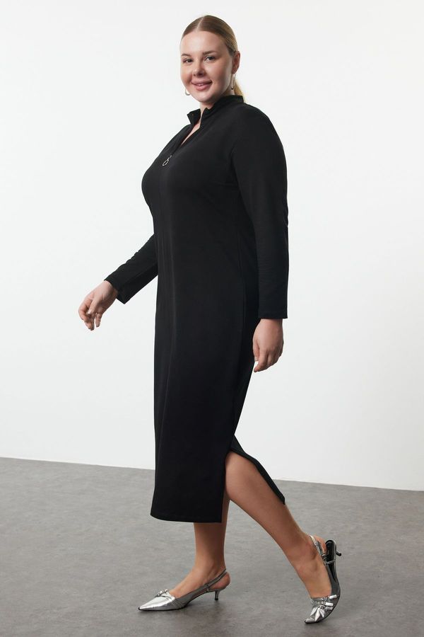 TRENDYOL CURVE BLACK MAXI LENGTH ZIPPER COLLAR KNITTED SWEATSHIRT DRESS