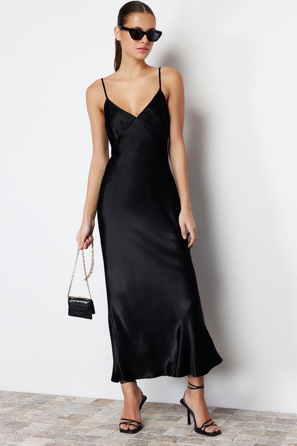 TRENDYOL BLACK STRAIGHT CUT SATIN STRAPPY MAXI WOVEN DRESS