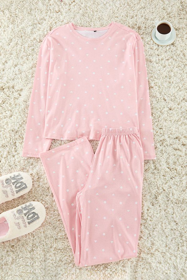 TRENDYOL PINK 100% COTTON POLKA DOT AND HEART PATTERNED KNITTED PAJAMA SET