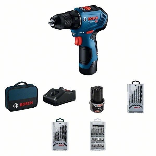 Bosch GSR 12V-30, 2x2.0Ah baterije+punjač+kofer+set pribora, aku. bušilica-odvrtač