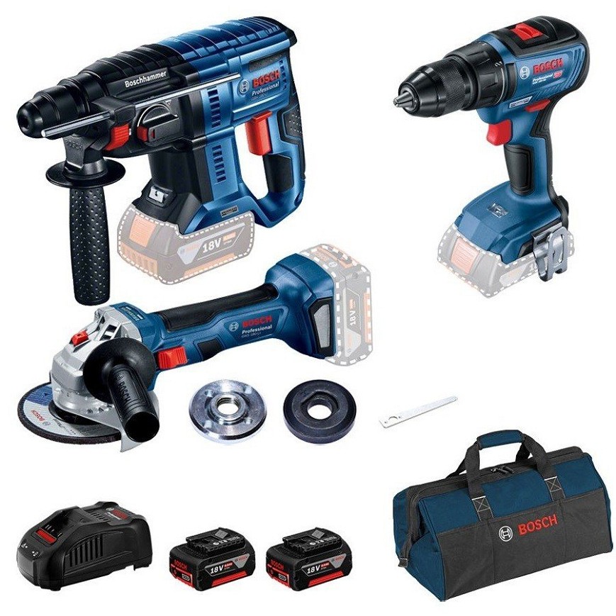 Bosch GBH 180-Li + GSR 18V-50 + GWS 180 Li + 2x GBA 18V 5,0 Ah + GAL 1880 CV + torba za alat, set aku. alata