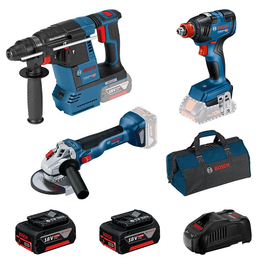 Bosch GBH 18V-26 + GDX 18V-200 + GWS 18V-10 + 2 x 5.0Ah + GAL188CV u torbi, set aku.alata