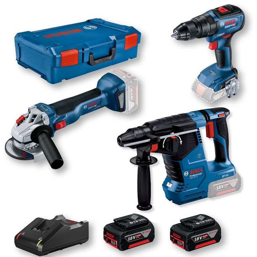 Bosch GBH 187-Li + GWS 18V-10 + GSR 18V-50; 2x5,0 Ah baterije+punjač+kofer, set aku.alata